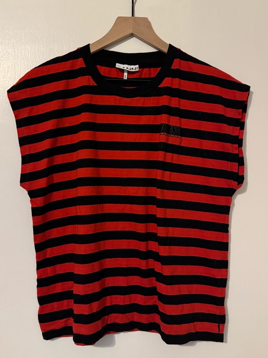 Ganni | Tops | Ganni Black And Red Striped Tee | Poshmark